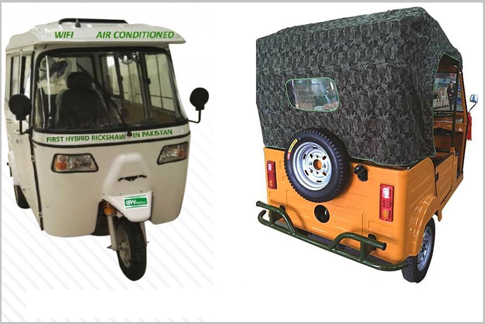Locally built hybrid rickshaws displayed at Auto Parts Show in Karachi