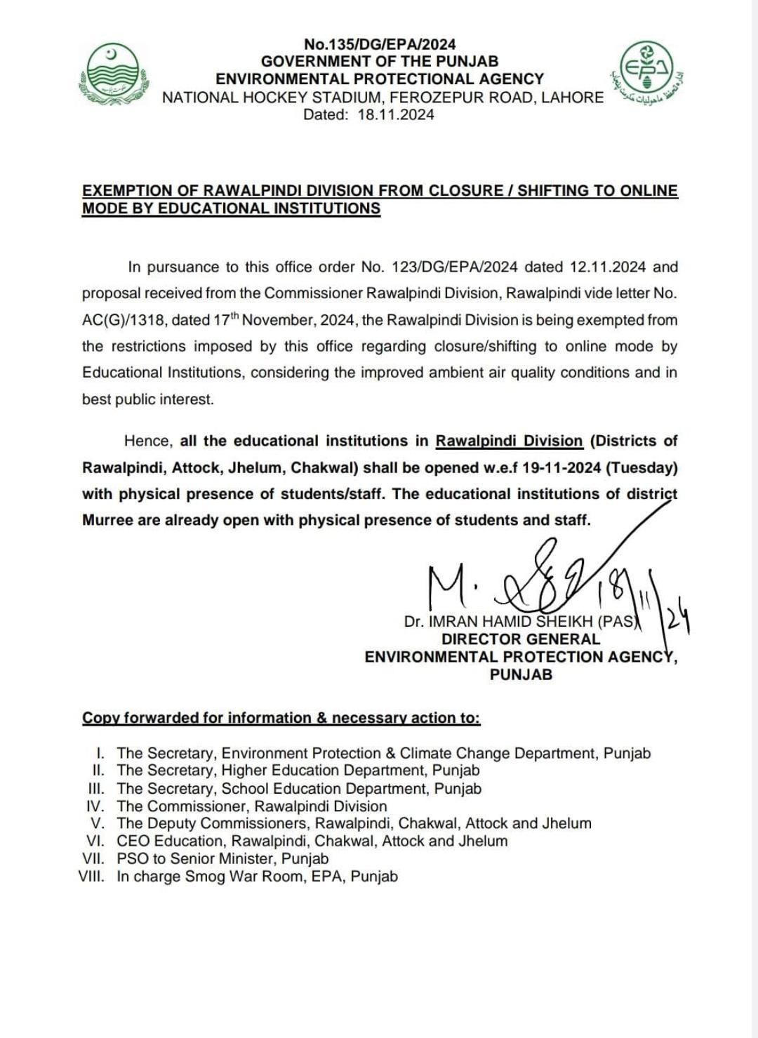 Rawalpindi Division Schools Set to Reopen Amid Improved Smog Conditions