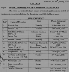 Pakistan’s Official Holiday Schedule for 2026 Announced